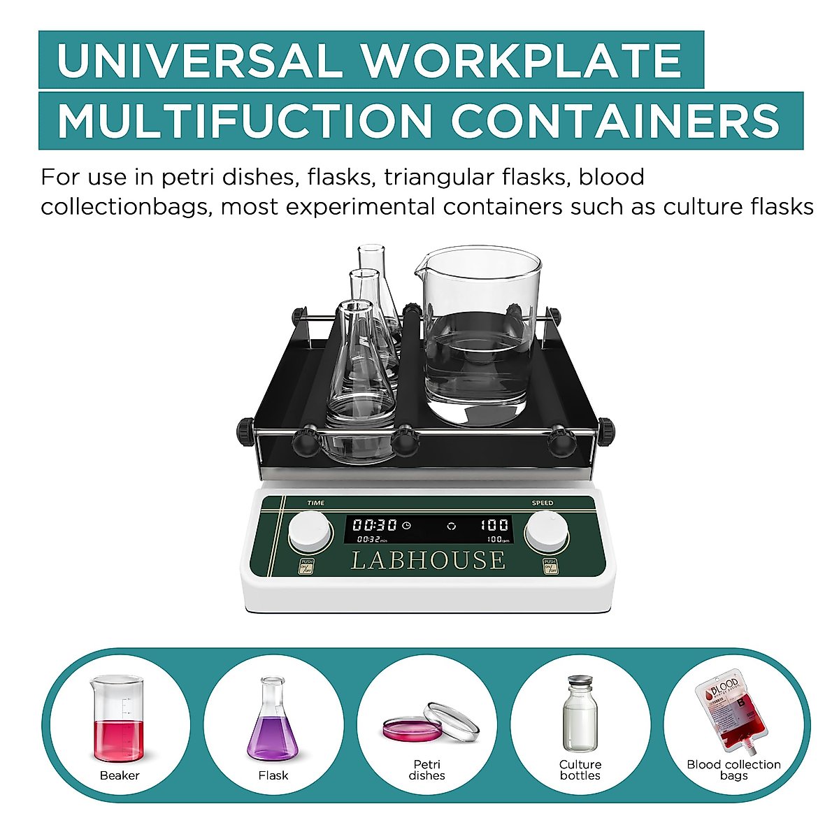 LABHOUSE Lab Digital Orbital Shaker Mixer | 9.85"x9.85" Plate Size Adjustable Speed 40-200RPM Capacity 2KGS | Timed and Continuous Modes Rotator Shaker for Laboratory