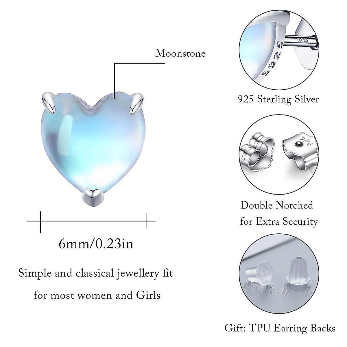 CUOKA MIRACLE Heart Moonstone Earrings, 925 Sterling Silver, Hypoallergenic, Stud, Gift for Women Girls