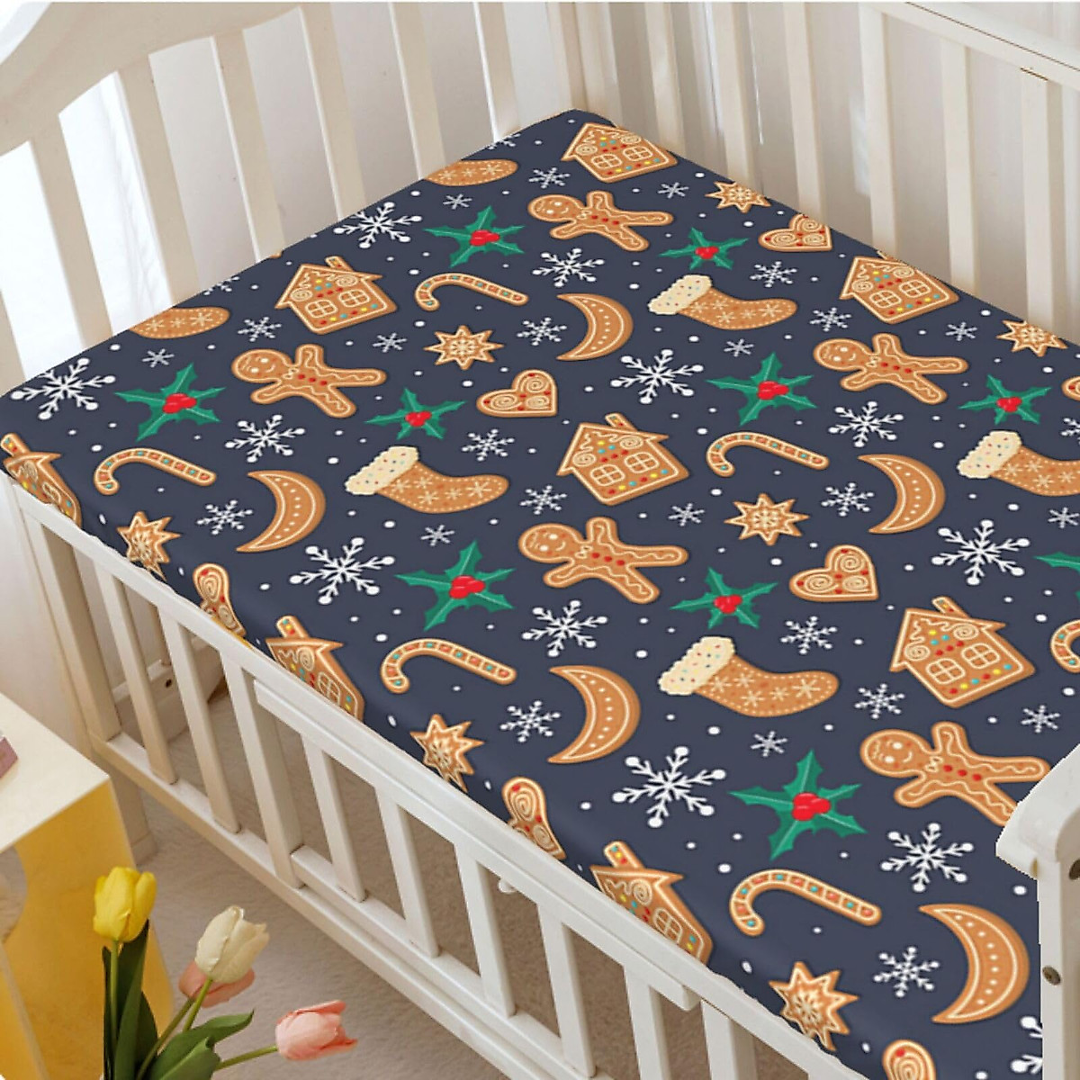 Christmas Fitted Crib Sheet,Gingerbread Man Snowflake Print Pattern,Portable Mini Crib Sheets Soft and Breathable Bed Sheets - Great for Boy or Girl Room or Nursery,24“ x38“,Black Brown