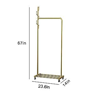 FJANKUI Clothing Garment Racks with Lockable Wheels, 3-in-1 Rolling Clothes Rack for Hanging Clothes, 5 Side Hooks and Bottom Shelves Organizing Clothes,Shoes,bags,hats(23.6in gold)