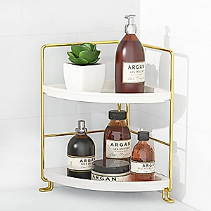 FSyueyun 2-Tier Corner Bathroom Countertop Organizer, Kitchen Spice Rack Makeup Storage Shelf Vanity Bedroom Storage Tray (Gold)