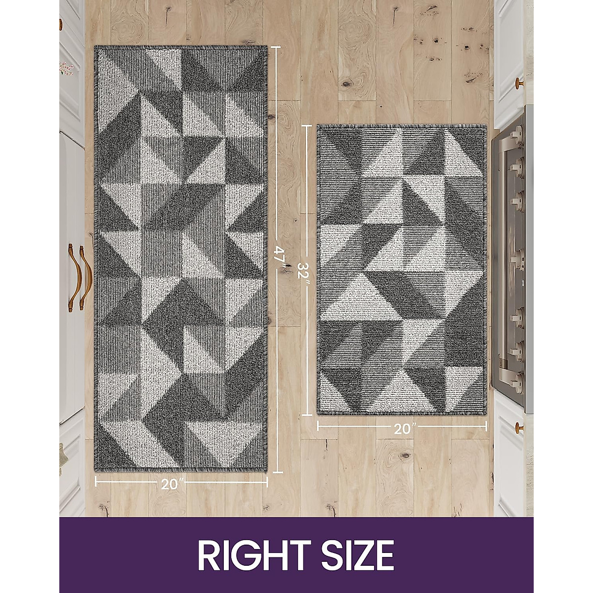 DEXI Kitchen Mats for Floor Hallway Non Skid Washable Rugs Set,20"x32"+20"x47", Grey