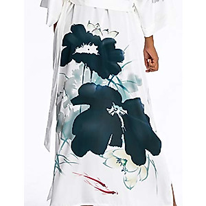 PRODESIGN long Kimono Robe Satin Sleepwear Gradient Watercolor Silky Kimono Nightgown Bathrobe Kimono Blouse Cardigan (Lotus - Ink)