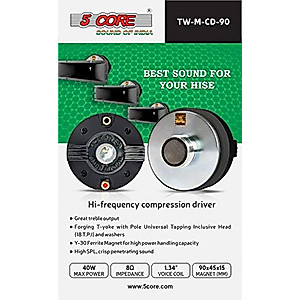 5 CORE 400 Watts Compression Driver - Screw-on Horn Speaker 40W RMS - 1.34" Voice Coil with Titanium Diaphragm - Bolt on Throat Style Tweeter with Super Strong Ferrite Magnet - 8 ohms Impedance CD90