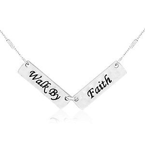 RIAH FASHION Simple Message Horizontal Bar Pendant Necklace - Inspirational Religious Engraved Plate Delicate Chain Faith (Double Plate - Walk By Faith Matte Silver)