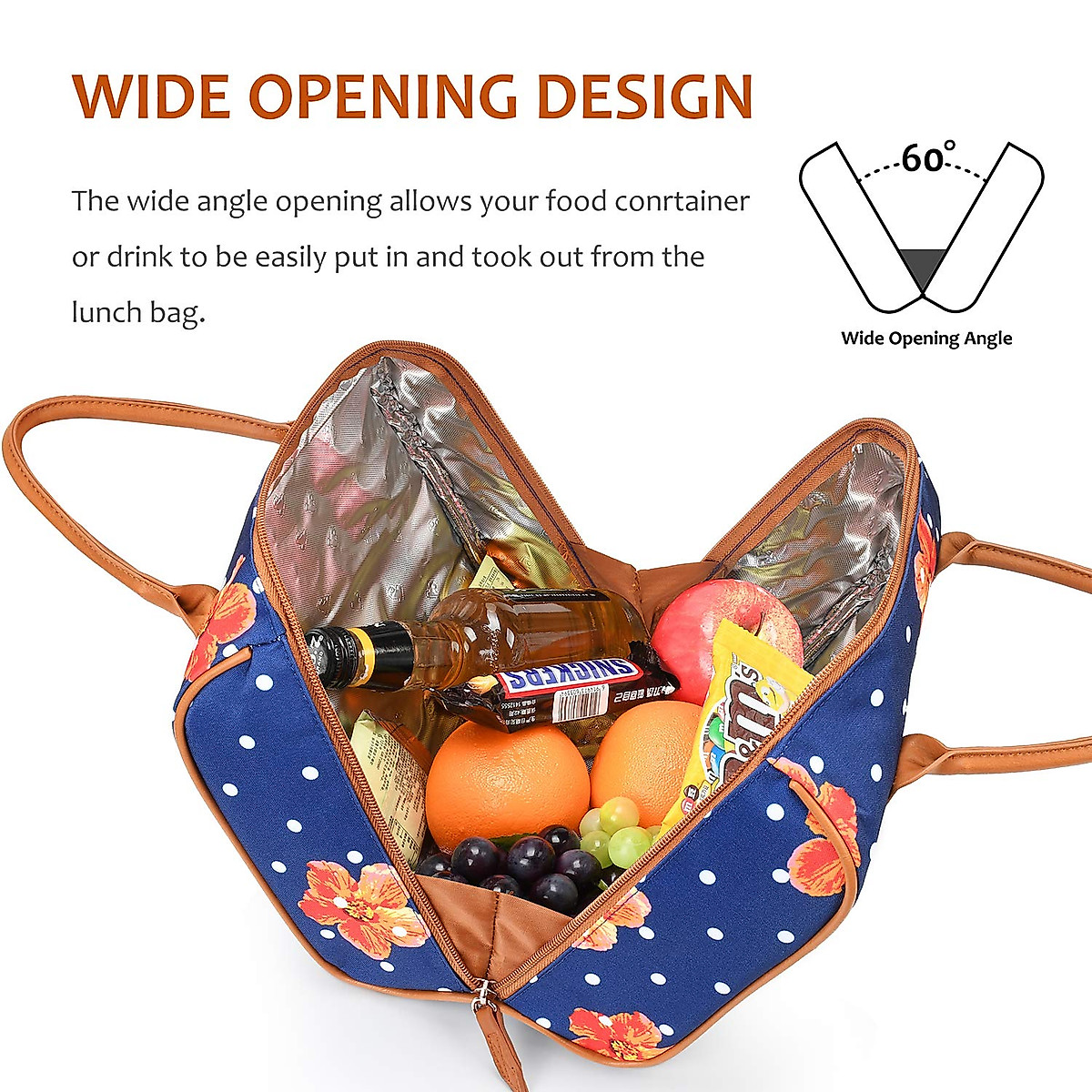 Tirrinia Insulated Lunch Tote Bag for Women w/Leather Handle, Fashionable Lunch Box for Men, Reusable Large Cooler Lunch Bag for Working/Picnic - Blue Floral