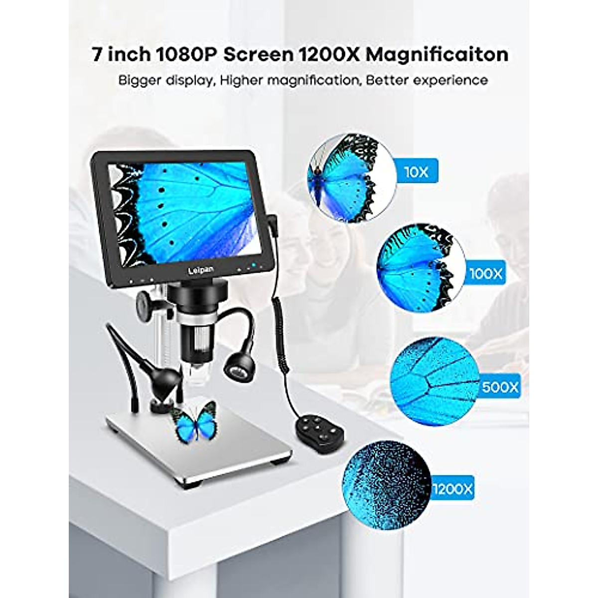 7" LCD Digital Microscope 1200X,Leipan 12MP Coin Microscope with Screen for Adults,1080P Video Microscope with 12pcs Slides,Wired Remote,2 Side Lights,Windows/Mac OS Compatible…