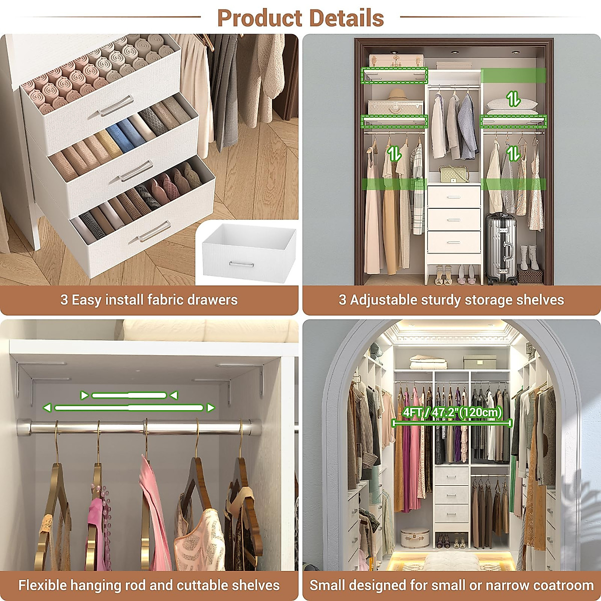 Besiost 4FT Small Closet System with 3 Fabric Drawers, 48'' Closet Organizer System with 3 Adjustable Shelves, Flexible Built-in Clothes Garment Rack for Small Space, 48" L x 13" W x 71" H, White