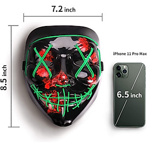 Colplay LED Light Up Halloween Mask,Scary Glow LED Face Mask with 3 Lighting Modes & El Wire for Costume&Cosplay Party.Adjustable&Eco-Friendly Material for Men Women Kid-Green