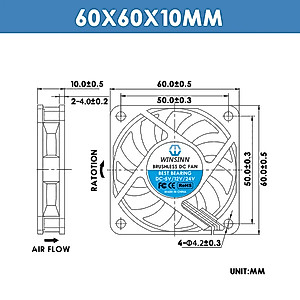 WINSINN DC 60mm Fan 24V 6010 Dual Ball Bearing Brushless Cooling 60mmx10mm 2PIN (Pack of 4Pcs)