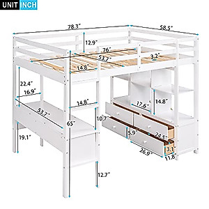 BIADNBZ Full Size Loft Bed with Built-in Desk and 2 Drawers, Wooden High Loftbed Frame w/Storage Shelves, Cabinets and Guardrails, for Kids Teens Adults, White