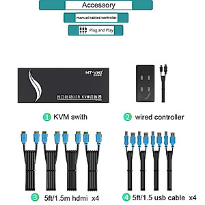 MT-VIKI 4 Port KVM Switch Hotkey HDMI w/ 4 USB Cables & 4 HDMI Cables 4K 30Hz w/ 2 USB Hubs for U Disk and Printer