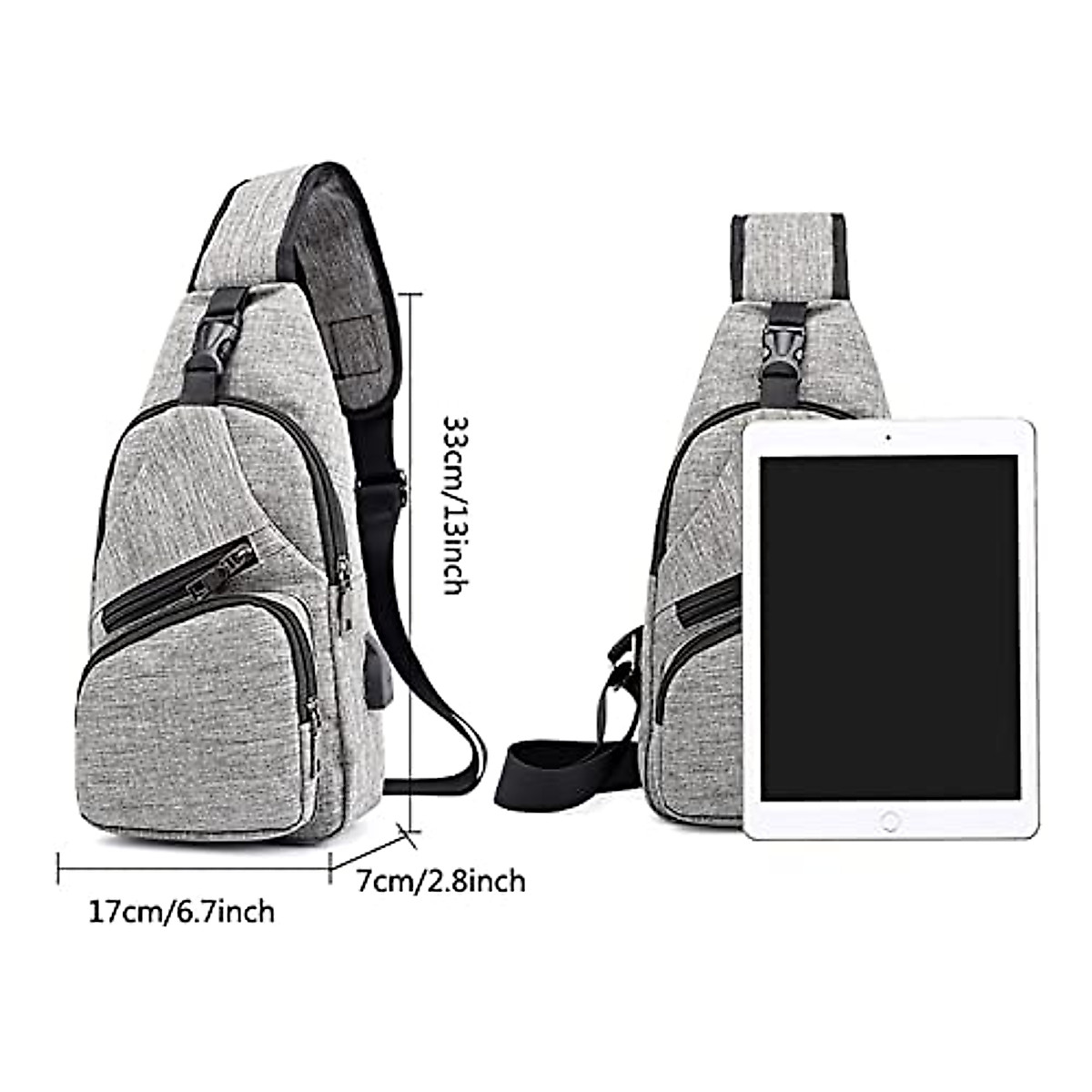 ULemeili Sling Backpack with USB Charging Port, Men Women Chest Crossbody Shoulder Bag Biking Hiking Cycling (Grey, One Size)