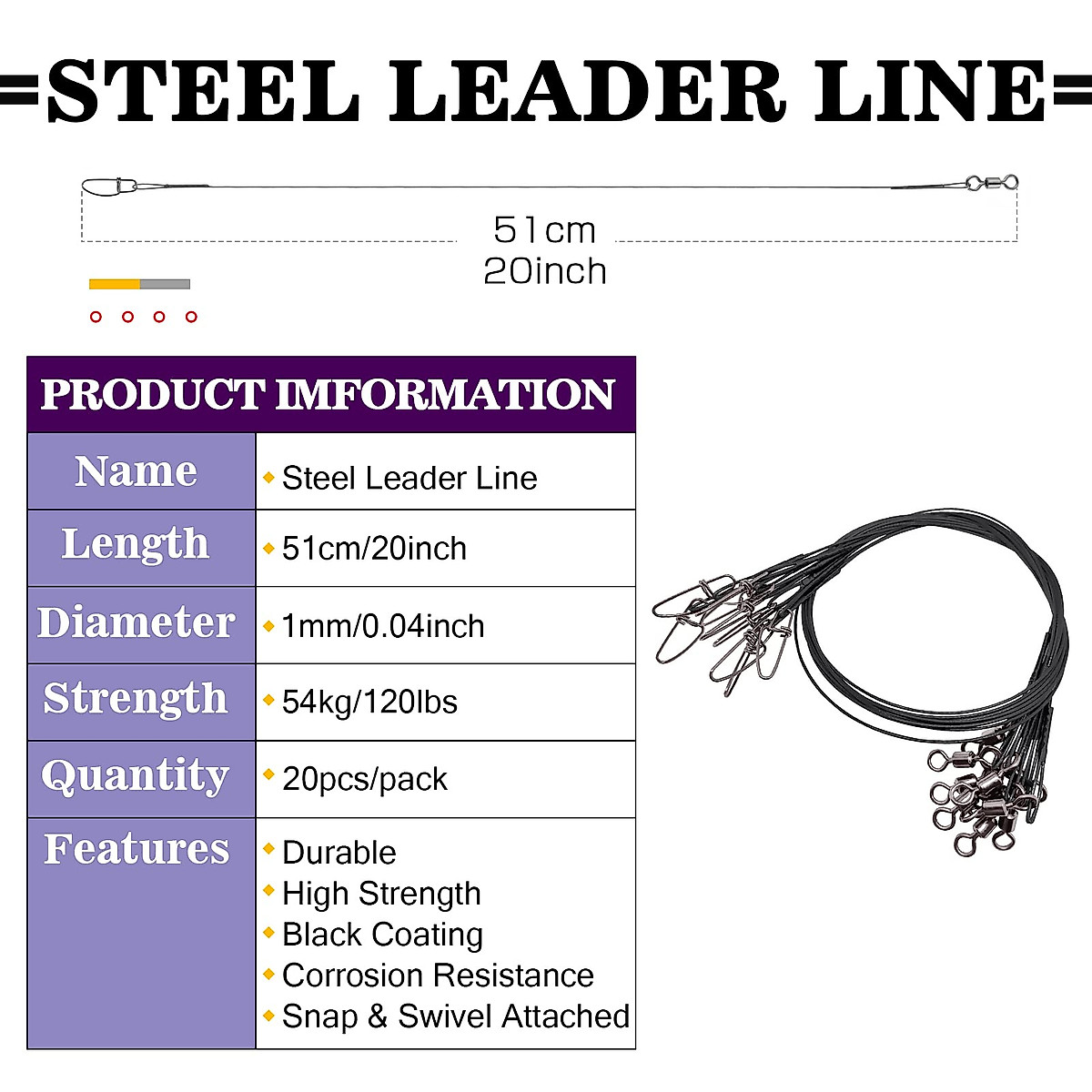 AMYSPORTS High Strength Fishing Leader Kit Heavy Rig Fishing Leaders Swivel Saltwater Line Wire Leader Snap Connector 20pcs 20inch 120lb