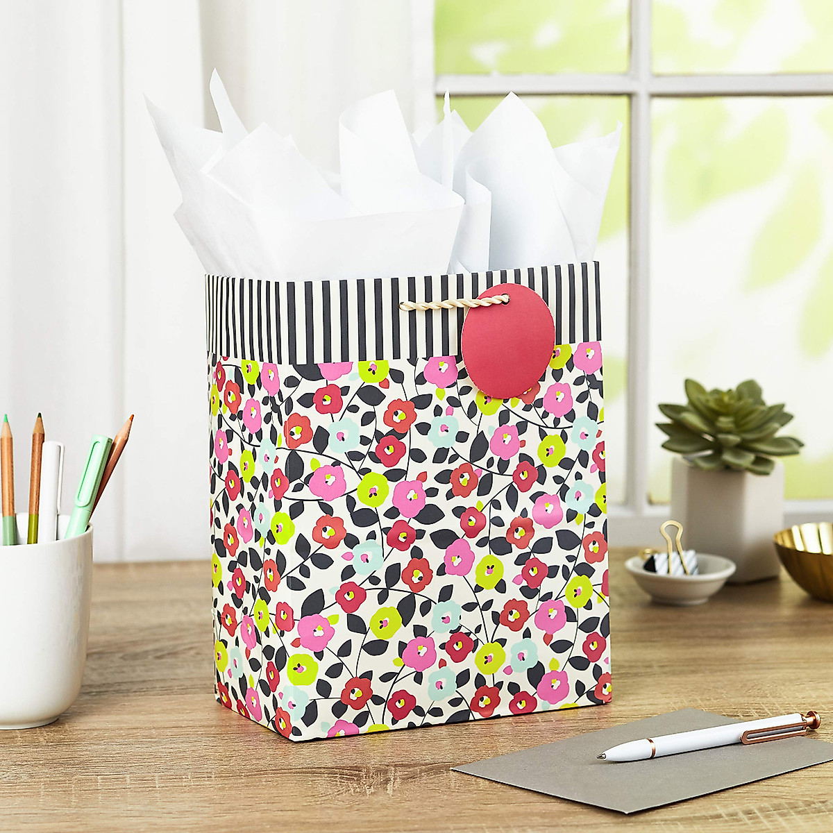 Hallmark 9" Medium Gift Bag with Tissue Paper (Flowers and Stripes) for Birthdays, Mother's Day, Baby Showers, Bridal Showers, Weddings or Any Occasion