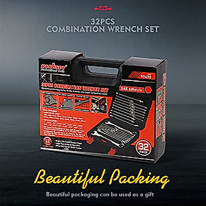 HORUSDY 32-Piece Combination Wrench Set, SAE and Metric, 1/4"-1" & 7mm-22mm, 12 Point, Chrome Vanadium Steel Construction with Case