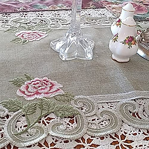 Doily Boutique Table Runner with a Pink Roses and Sage Green Burlap Linen Material, Size 53 x 15 inches