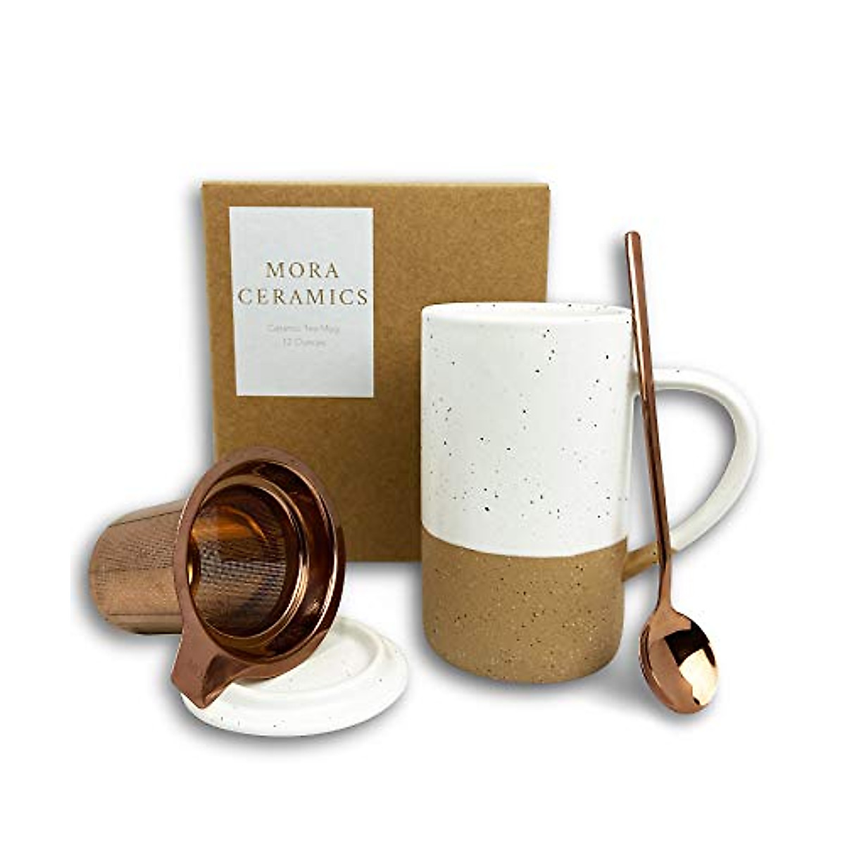 Mora Ceramics Tea Cup with Loose Leaf Infuser, Spoon and Lid, 12 oz, Microwave and Dishwasher Safe Coffee Mug - Rustic Matte Ceramic Glaze, Modern Herbal Tea Strainer - Great Gift for Women, Petro