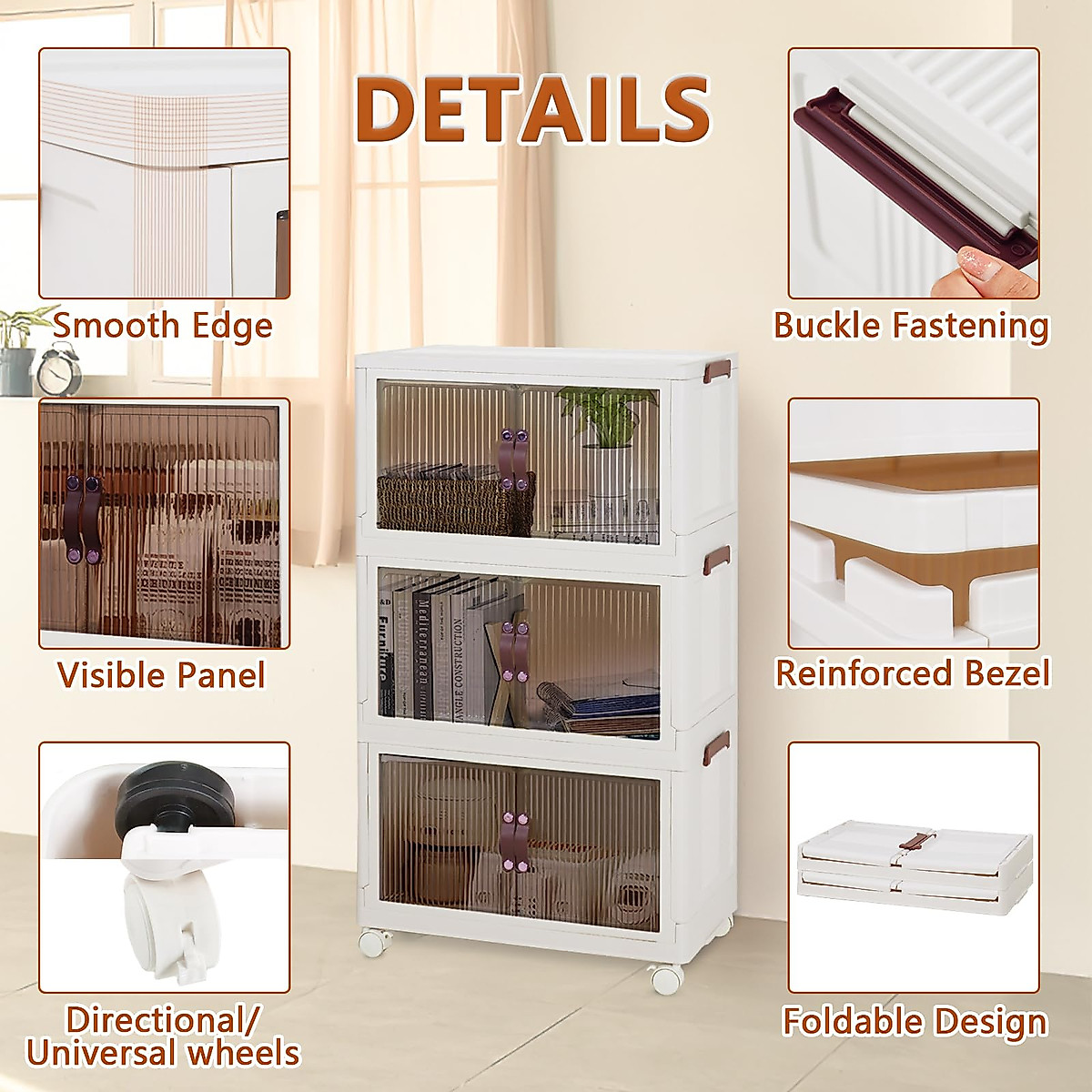 Auzfy Large Collapsible Storage Bins with Lids and Wheels,13 Gal/Pack Plastic Folding Clothes Closet Organizer System with Doors,Stackable Container Boxes for Organization and Storage(3 Packs)