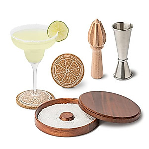 Unna Margarita Salt Rimmer Set - Large Acacia Bar Salt and Sugar Rimmer, Fits up to 5.5in Glasses, Citrus Reamer, Stainless Steel Cocktail Jigger, 2 Cork Drink Coasters, 4 Unique Recipes