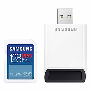 SAMSUNG PRO Plus Full Size 128GB SDXC Memory Card + Reader, Up to 180 MB/s, Full HD & 4K UHD, UHS-I, C10, U3, V30 for DSLR, Mirrorless Cameras, PCs, MB-SD128SB/AM, 2023
