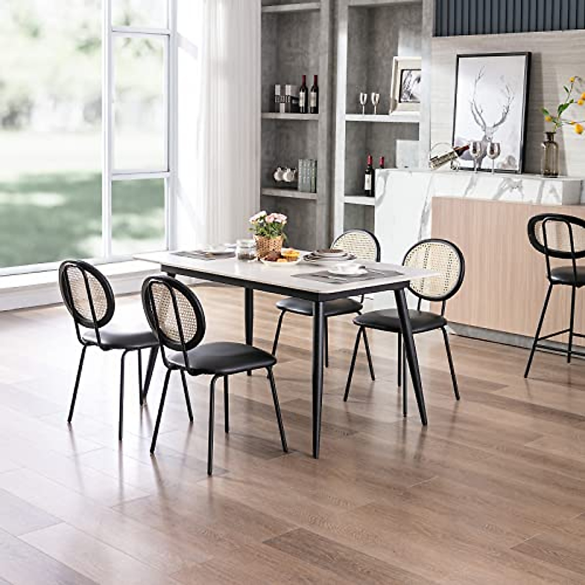 Jaxsen Faux Leather Indoor Kitchen Dining Chairs Set of 4 with Rattan Backrest, Modern Industrial Upholstered Chairs mid Century Metal Dining Chair Suitable for Dining Room Wine Coffee Bar, Black,18"