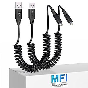 Coiled Lightning Cable 2 Pack, Apple Carplay & MFi Certified, Retractable iPhone Charger with Data Transmission, Short iPhone Charger Cord for iPhone/Pad/Pod