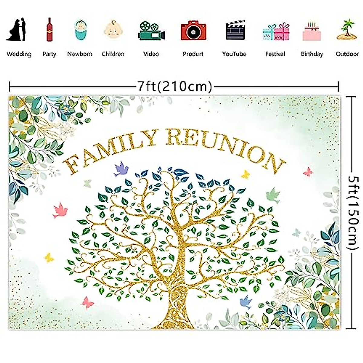 Wollmix Family Reunion Decorations Backdrop Banner Family Tree Leaves Members Welcome Signs Photography Background Gathering Gold and Green Supplies Photo Banner Booth Props 7x5ft