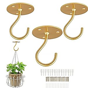 Ceiling Hooks for Hanging Plants - Metal Heavy Duty Wall Mounted Hangers for Hanging Bird Feeders, Planters, Wind Chimes, Include Professional Drywall Anchors (3-Pack) (Gold)