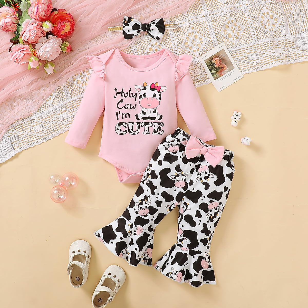 Detigee Baby Girl Cow Print Outfit Newborn Coming Home Bodysuit Baby Bell Bottom Outfit (Black,0-3 Months)