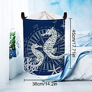 Clastyle 45L Waterproof Blue Seahorse Laundry Baskets for Clothes Collapsible Animal Storage Laundry Hamper with Drawstring, 14.2 * 17.7 in