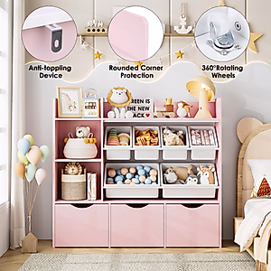 FACBOTALL Toy Storage Organizer with 3 Movable Drawers, Bookshelf and Bookcase with 6 Plastic Bins & 2 Storage Cubbies, Toy Chest with Hidden Wheels, Toy Storage Box for Playroom, School, Pink