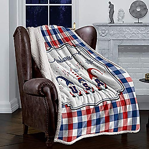 Sherpa Fleece Throw Blanket Independence Day Gnome USA Flag Reversible Warm Cozy Throws, Blue Red White Buffalo Lattice Super Soft Plush Bed TV Movie Blankets for Living Room Couch/Sofa/Travel/Office