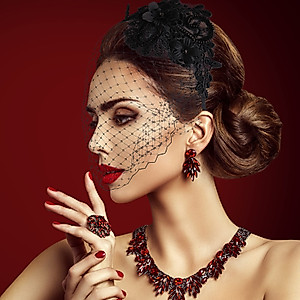 Yolev Bridal Wedding Veil Vintage Fascinator Mesh Lace Headband Tea Party Headwear with Veil Cocktail Tea Party Headwear for Girls and Women (Black)