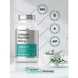 Horbäach Collagen Peptides 6000mg | 300 Caplet Pills | with Vitamin C | Hydrolyzed Collagen Supplement | Non-GMO, Gluten Free