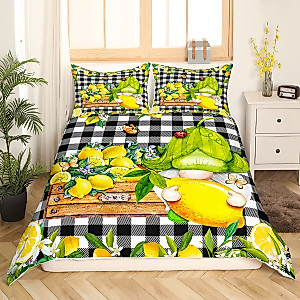 Kawaii Summer Lemon Gnomes Duvet Cover Set King Size,Black White Geometric Grid Bedding Set 3Pcs,Watercolor Summer Fruits Leaves Comforter Cover Cute Butterfly Animals Quilt Cover,Yellow Green