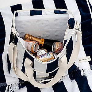 Business & Pleasure Co. Holiday Cooler Tote Bag - Cute Vintage Beach Tote Bag - Totes Drinks or Beach Essentials - Leakproof Lining - Navy Crew Stripe, 42L