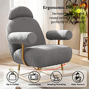Tmosi Nursery Rocking Chair Sherpa Upholstered Glider Rocker, with Adjustable Headrest and Round Armrests, Leisure Glider Chair for Living Room, Bedroom (Grey)