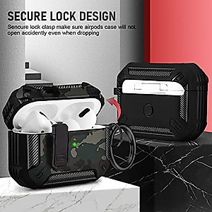 Youskin Airpod Pro 2nd Generation Case Secure Lock Clip Case,Carbon Fiber Military Armor Series Full-Body Rugged Hard Shell Airpod Pro 2 Case for Men Women with Keychain,Green Camo