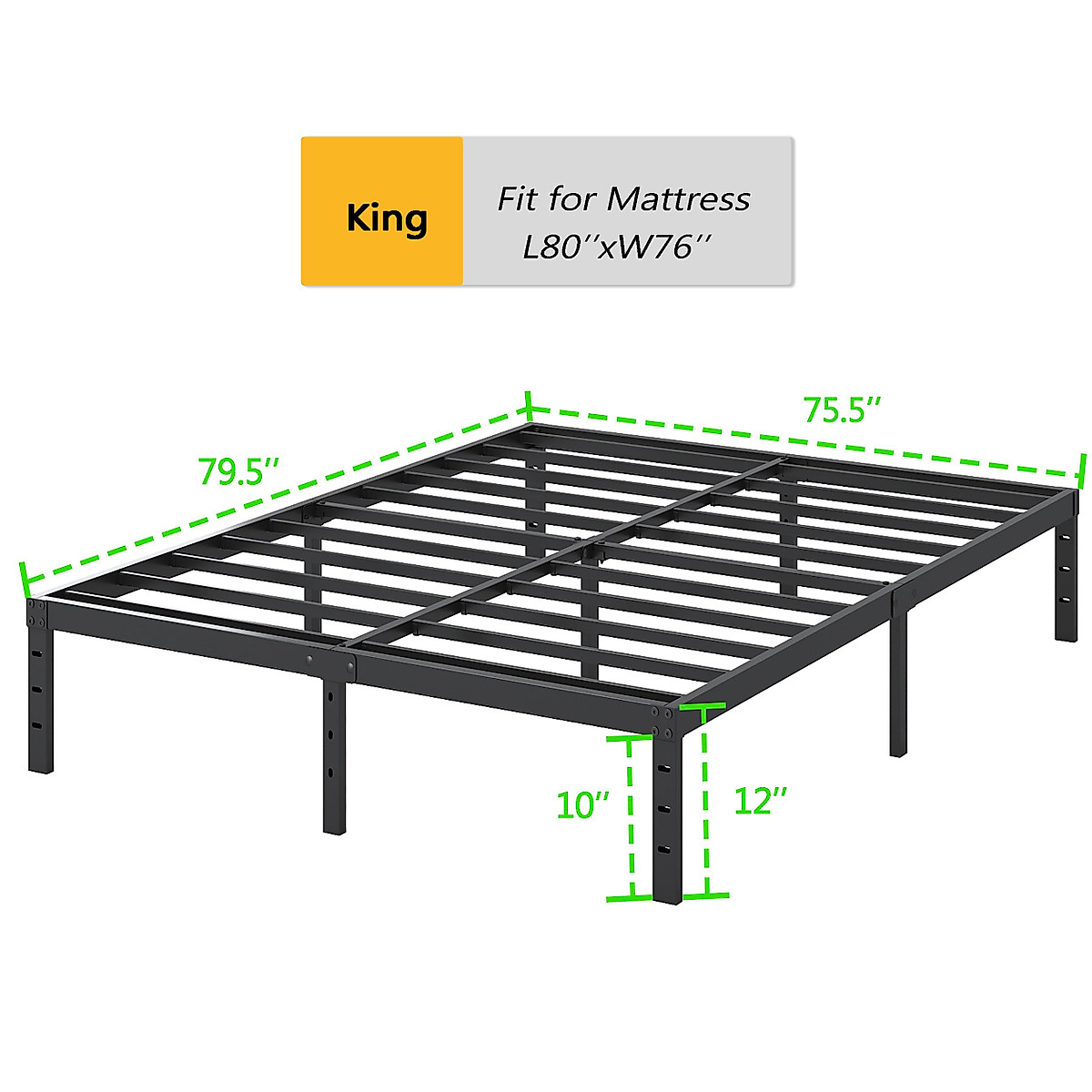 Cieemine 12 Inch King Size Metal Bed Frame, Heavy Duty Steel Slat Mattress Foundation, No Box Spring Needed, Easy Assembly, Noise-Free, Black