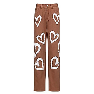N/ D Women's Patchwork Pants Hight Waist Distressed Straight Wide Leg Denim Jeans Fashion Pencil Trousers (Brown Heart, S)