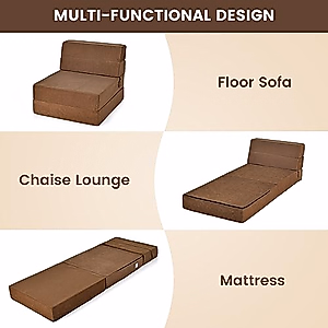 RELAX4LIFE Folding Sofa Bed Chair - 3-in-1 Convertible Couch Sleeper, Floor Futon Couch w/Removable Cover & Full Padded Foam, Fabric Guest Sleeper Chair for Living Room, Study, Apartment (Brown)
