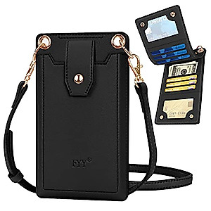 FYY Small Leather Phone Purse Crossbody for Women - Black Cell Phone Purse Wallet with Card Slots and Zipper Pocket for iPhone 14 13 12 11 XS Max Galaxy S23