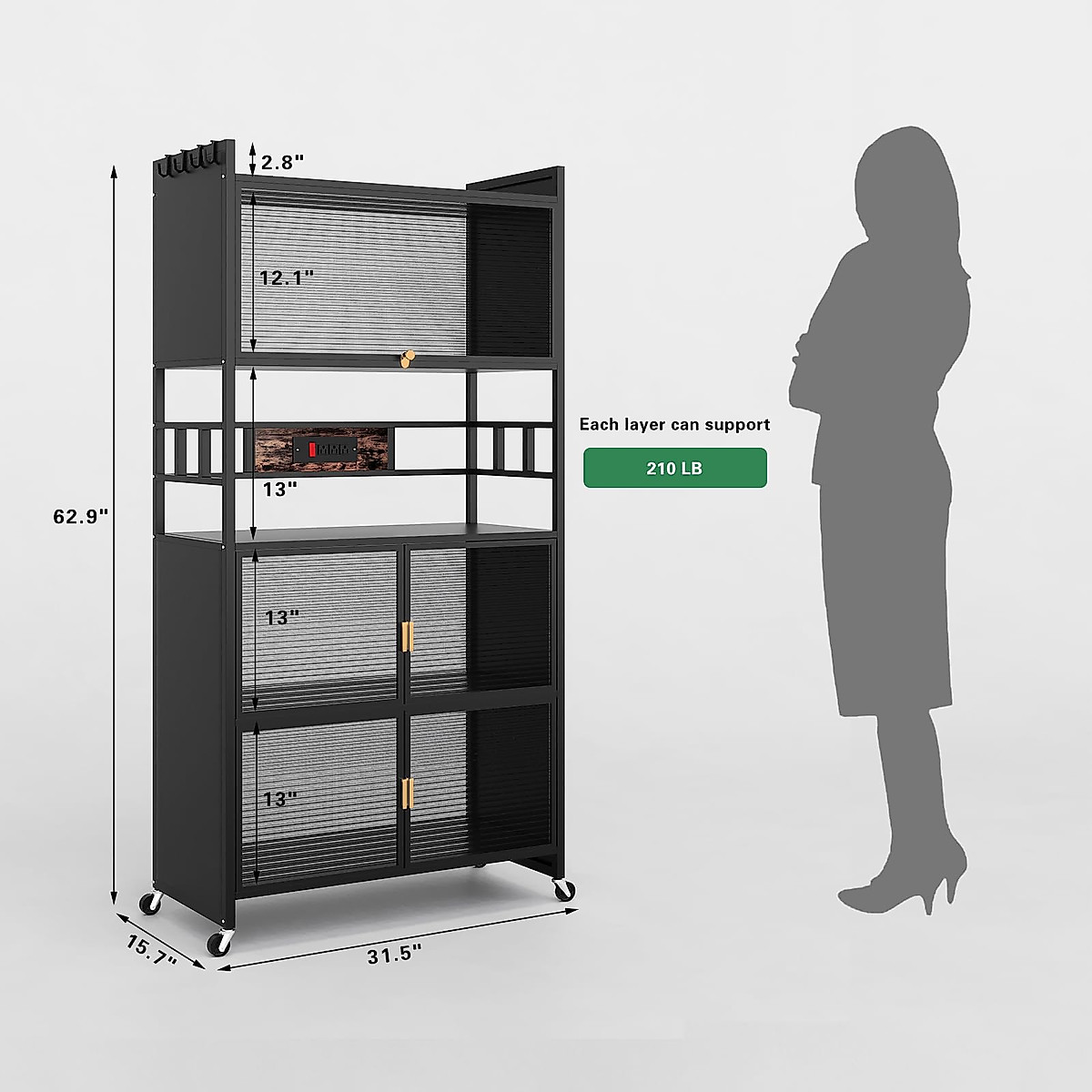 REENLIV 5-Tier Bakers Rack with Power Outlet, Microwave Stand, Bread Rack,Coffee Stand, Baker's Rack with Rolling Wheels and 4 Hooks, Kitchen Shelves for Spices, Pots and Pans,Black