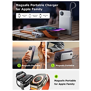 LISEN Portable Charger iPhone Power Bank for Magsafe Battery Pack, 10000mah Power Bank Fast Charging 22.5W Built-in Cable for Magsafe Portable Charger Fits iPhone 15 Pro Max Plus 14 13 12 Apple Watch