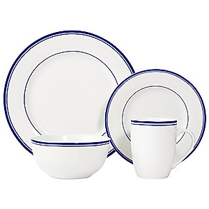 Amazon Basics 16-Piece Cafe Stripe Kitchen Dinnerware Set, Plates, Bowls, Mugs, Service for 4, Blue