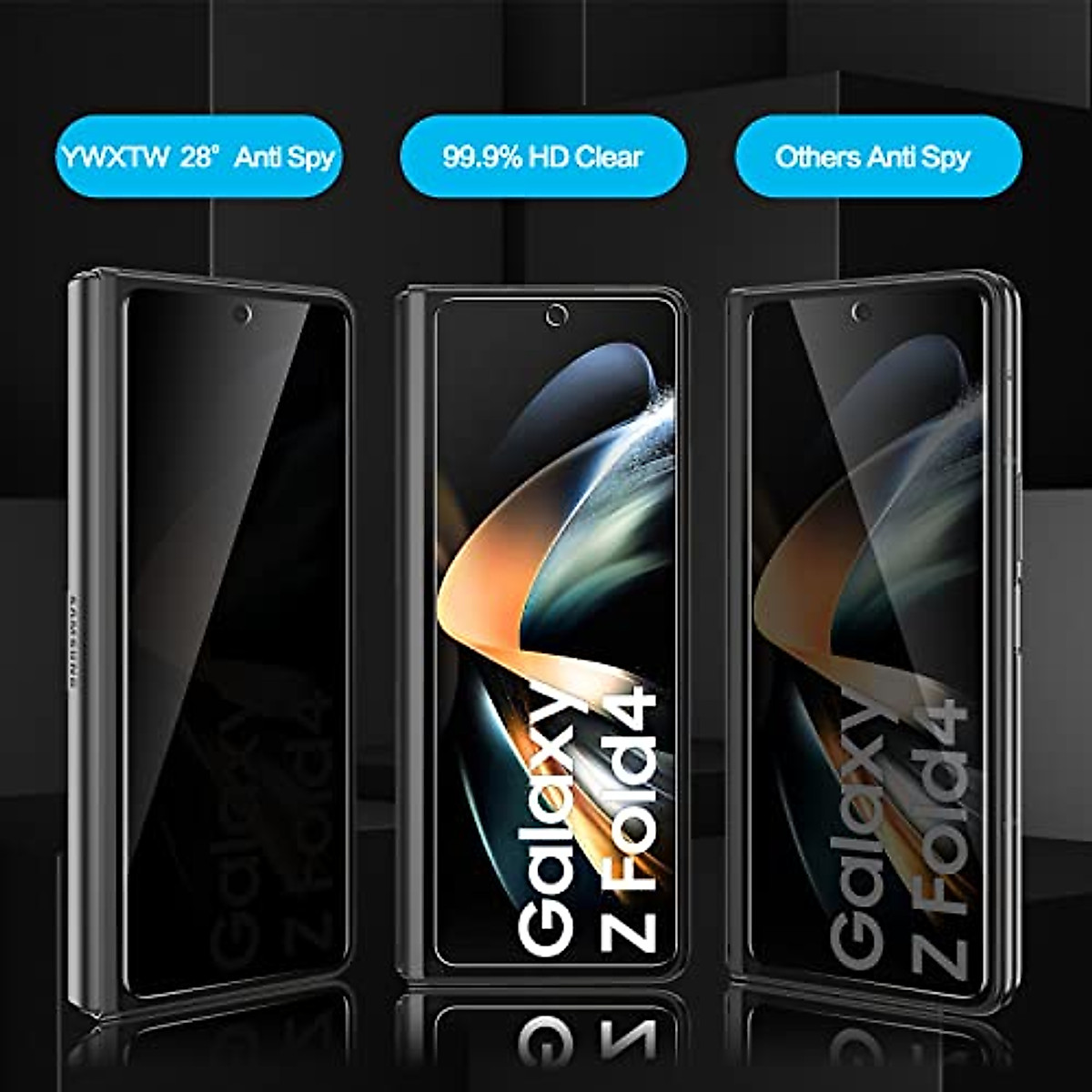 YWXTW Compatible for Front Samsung Galaxy Z Fold 4 Privacy Screen Protector, 2 Pack Anti Spy Tempered Glass with 2 Pack Camera Lens Protector, Anti Scratch, Bubble Free, Case Friendly