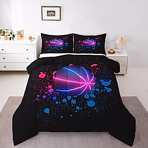 Basketball Comforter Set,Neon Basketball Bedding Set Twin,Pink Blue Tie Dye Printed Duvet Insert For Kids Boys Girls Teens Bedroom,Black Sports Theme Down Comforter With 1 Pillow Case,Lightweight Soft