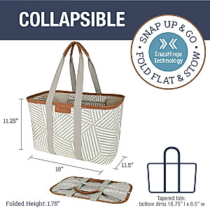 CleverMade Collapsible LUXE Tote, Geometric Taupe - 30L (8 Gal) Structured Tote Bag with Handles and Reinforced Bottom - Reusable Grocery Bag, Shopping Bag, Utility Tote Bag