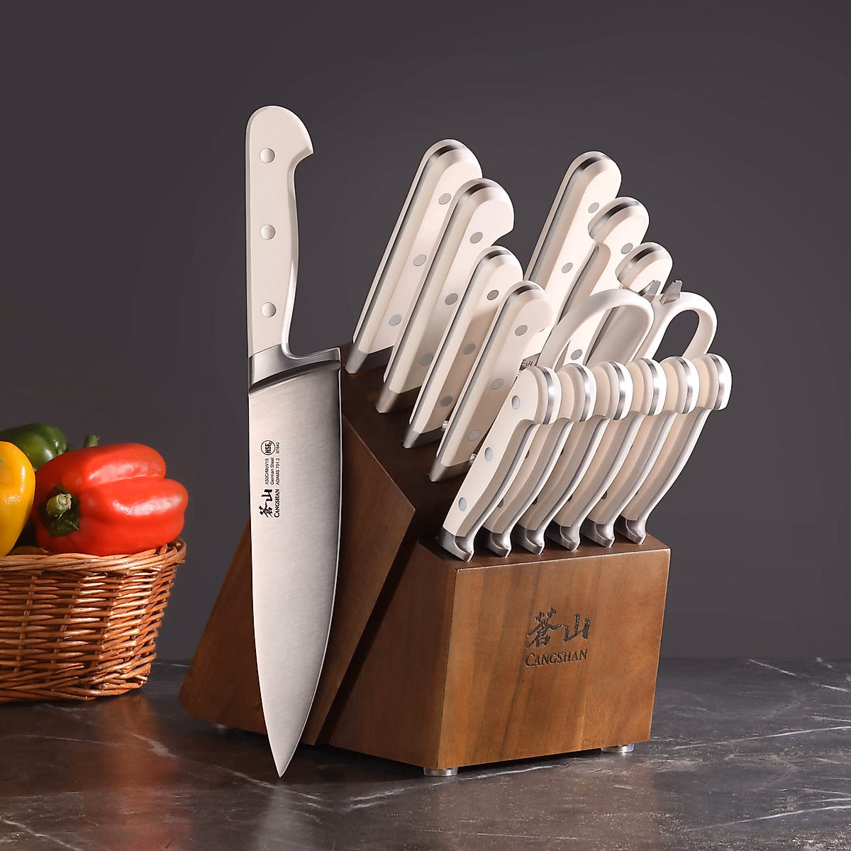Cangshan Adams Series 1027273 German Steel Forged 15-Piece Knife Block Set, White